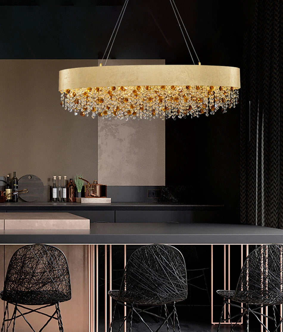 Lustre Suspendu Rond en Cristal Doré | LUSTRA Maroc